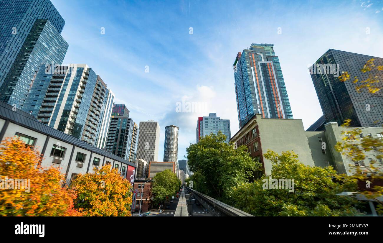 View from the Monorail Railway to skyscrapers and downtown, Seattle ...