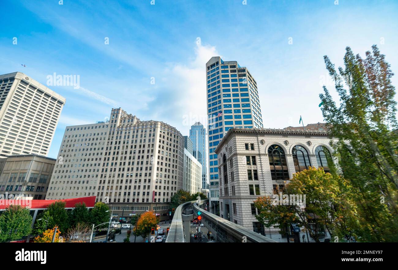 View from the Monorail Railway to skyscrapers and downtown, Seattle ...