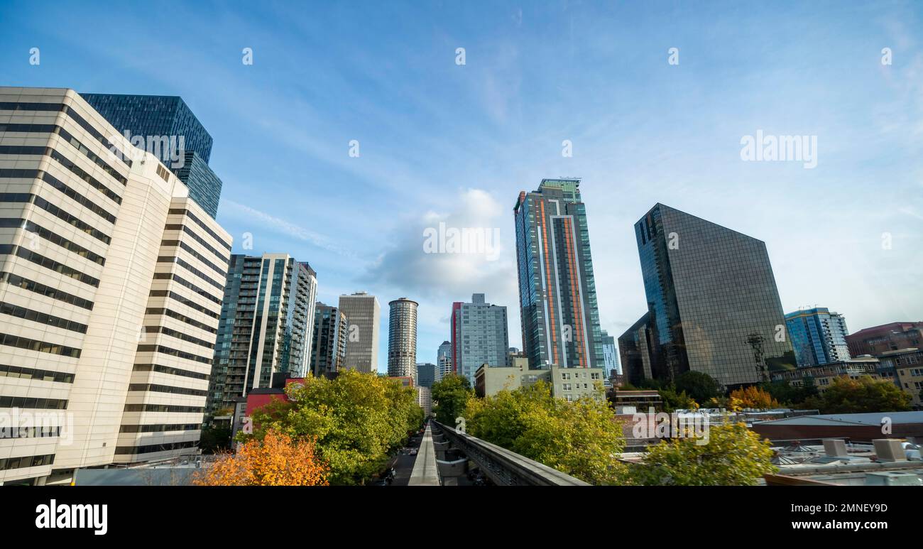 View from the Monorail Railway to skyscrapers and downtown, Seattle ...