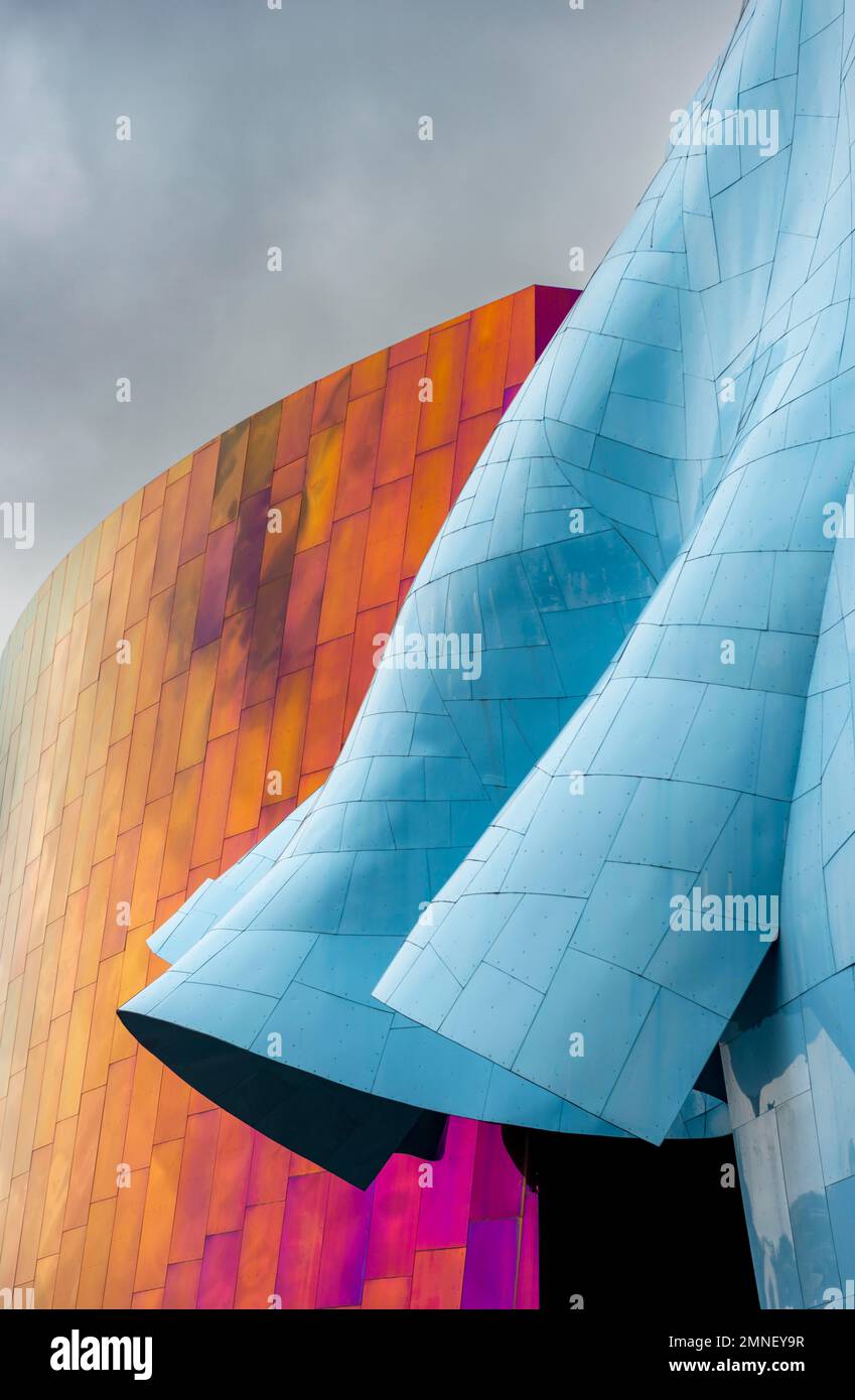 Colourful undulating exterior facade, detail, Museum of Pop Culture ...