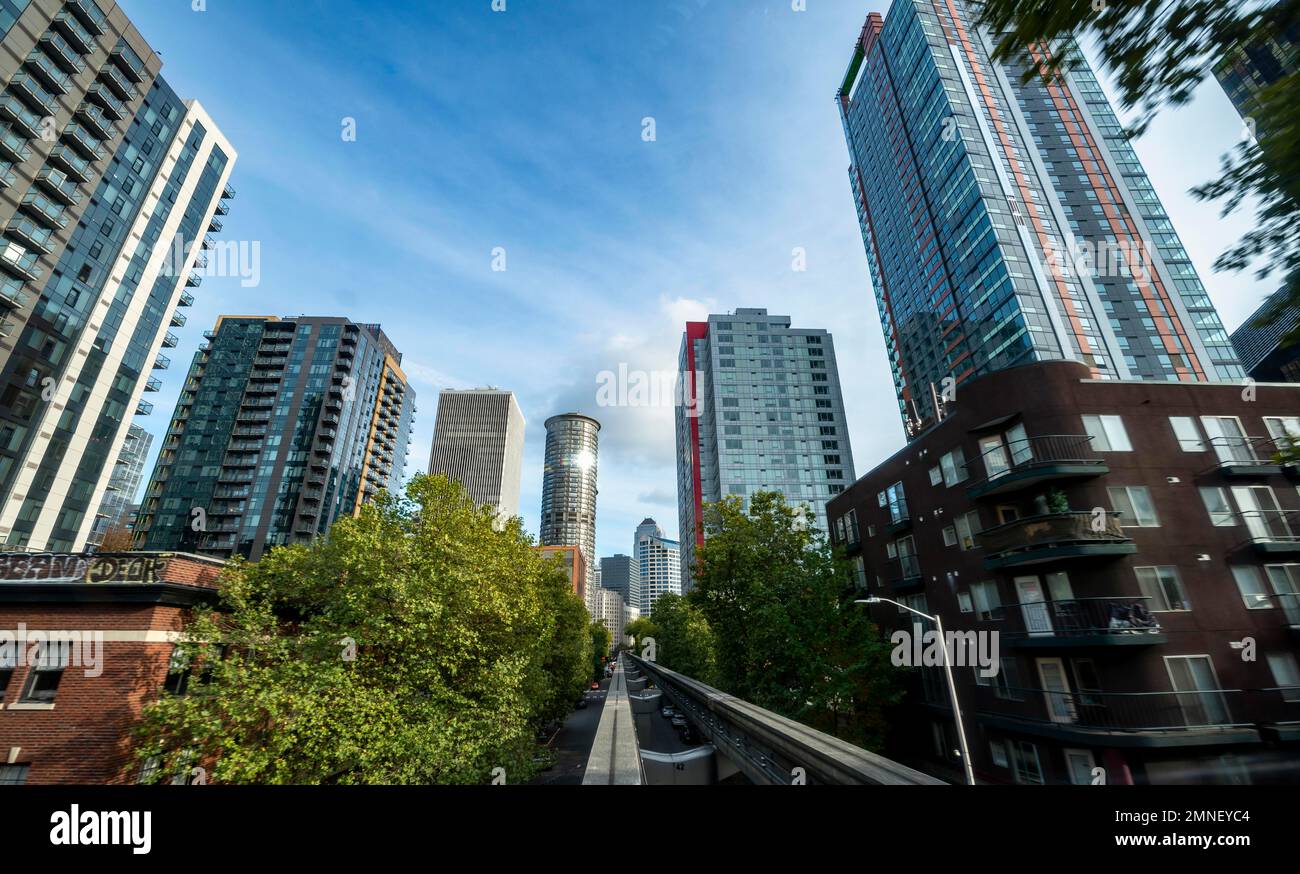 View from the Monorail Railway to skyscrapers and downtown, Seattle ...