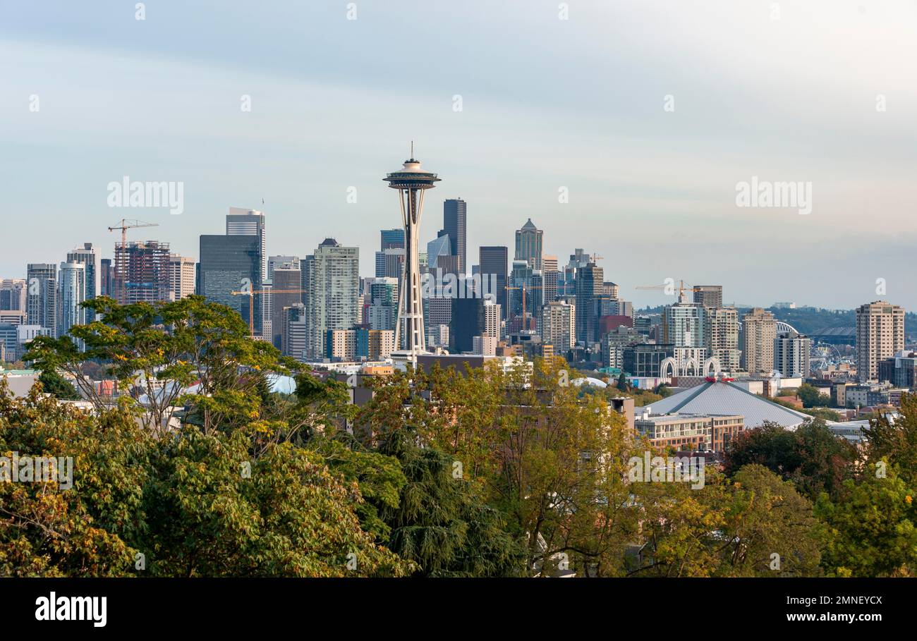 View over Seattle, skyline with Space Needle observation tower, Seattle ...