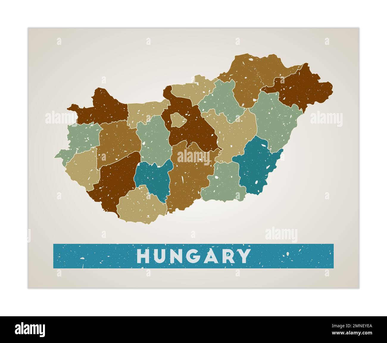 Hungary map. Country poster with regions. Old grunge texture. Shape of ...