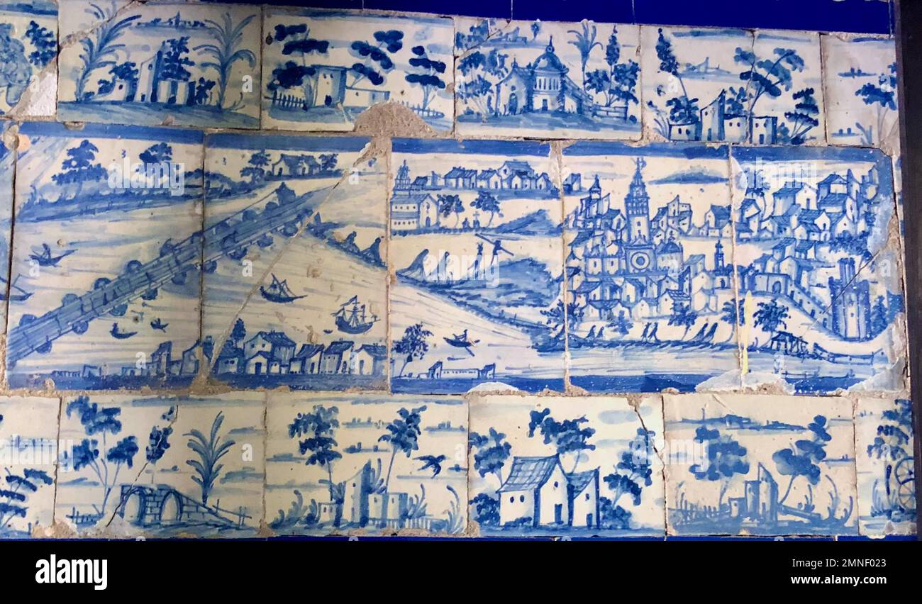 Blue painted tiles with the city of Seville, Palacio de la Condesa de ...