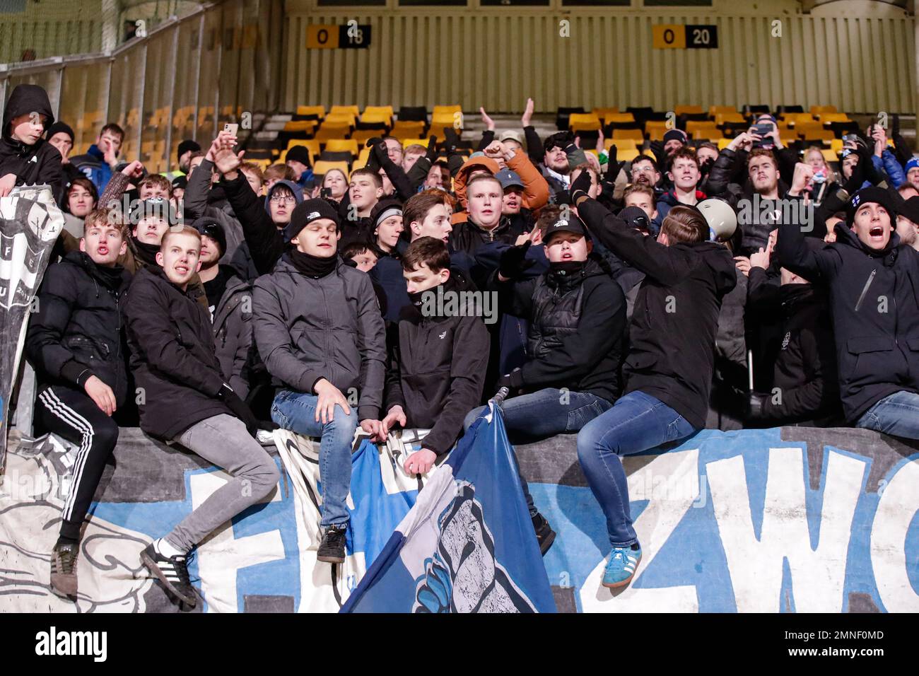 KERKRADE, NETHERLANDS - JANUARY 30: Fans Supporters of PEC Zwolle celebrating victory during the ...