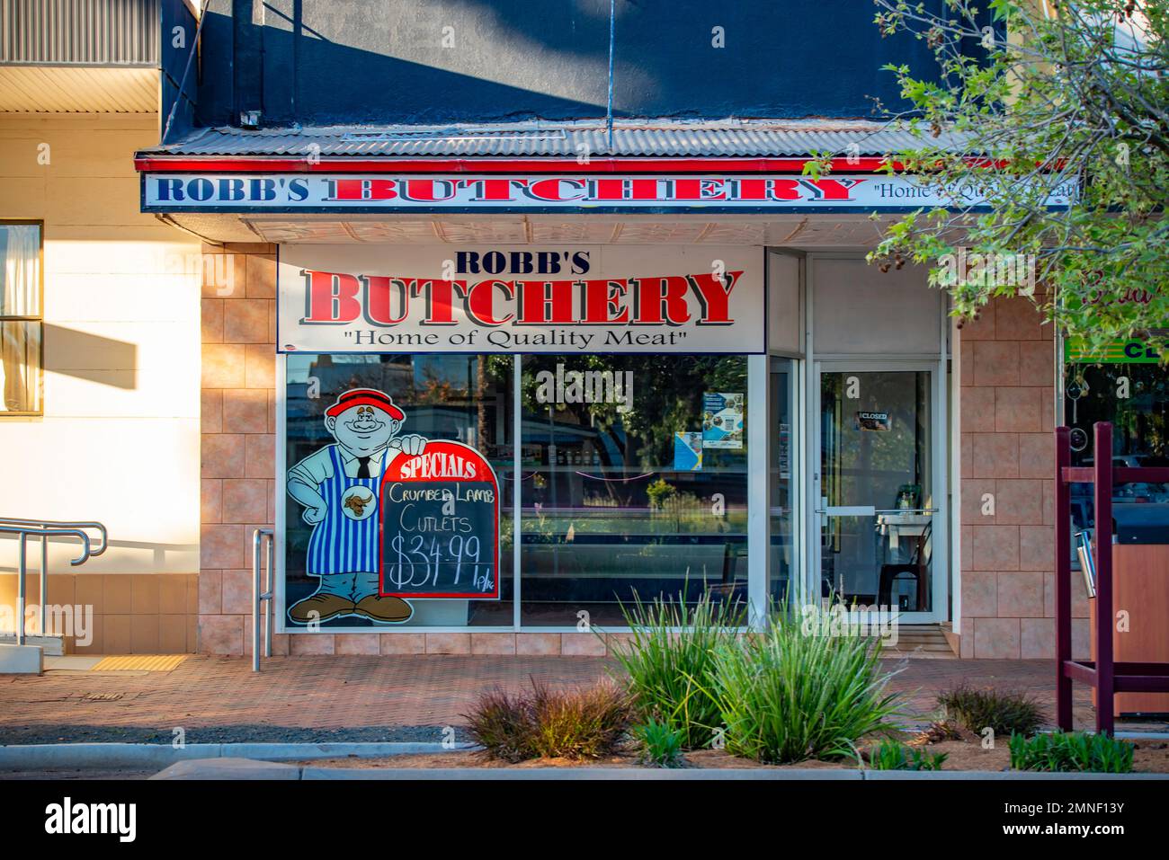 The front window of Rob's Butchery (butcher shop) in the town of Nyngan ...