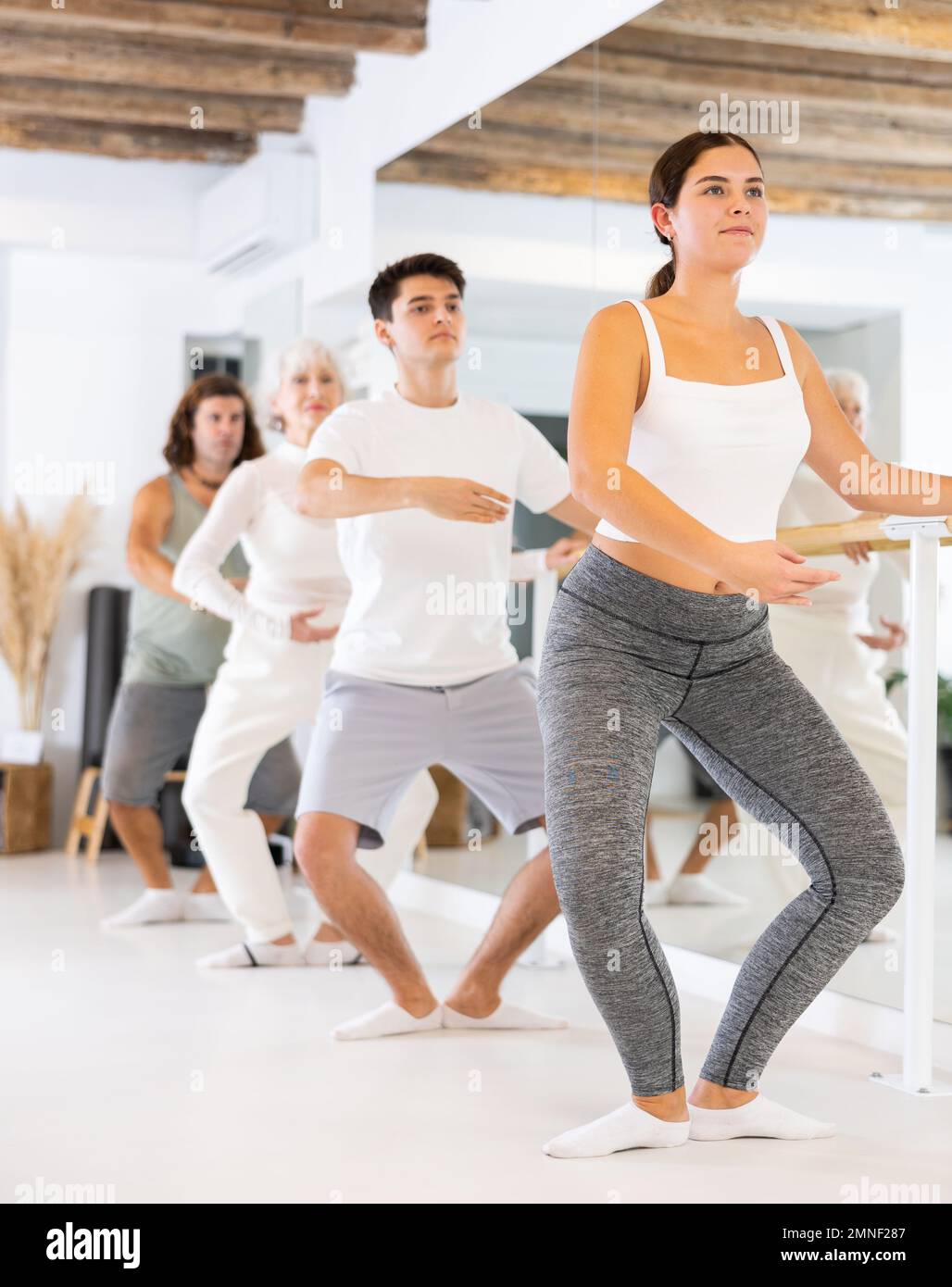 Young woman doing choreography at ballet barre Stock Photo - Alamy