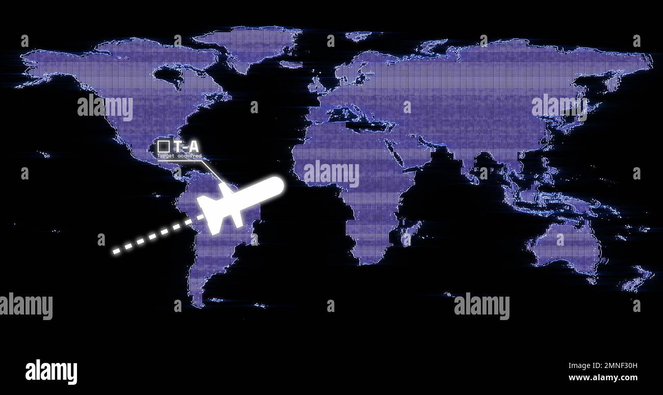 Composition of white rocket and text over purple map of world on black ...