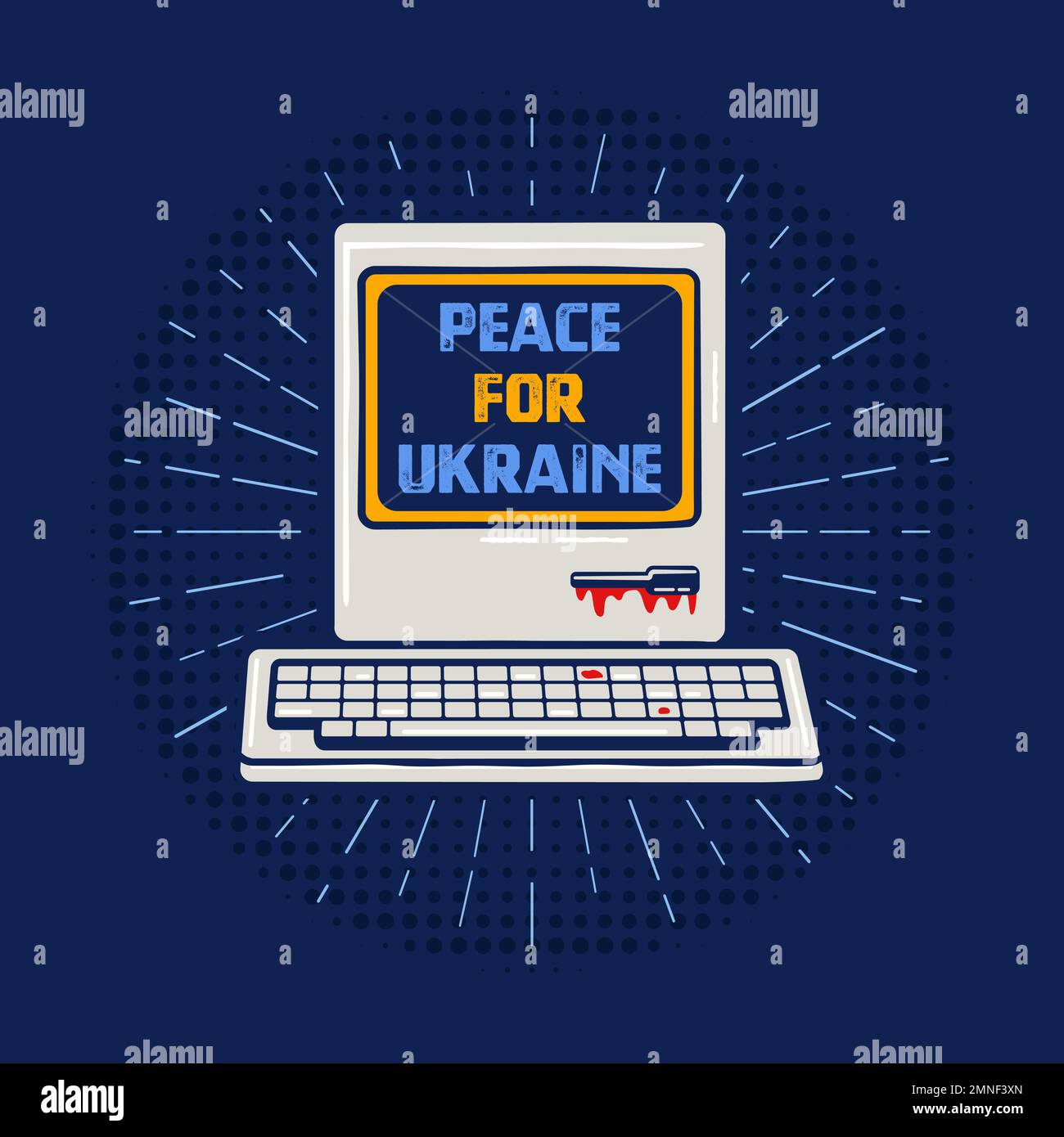 Peace for Ukraine badge design with retro PC and sunbursts. Retro ...