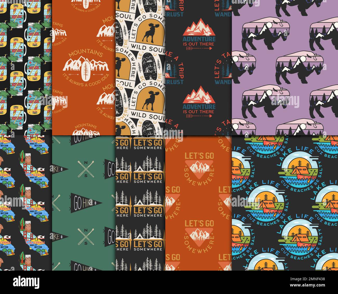 Camp seamless patterns collection. Travel wallpapers with pennants ...