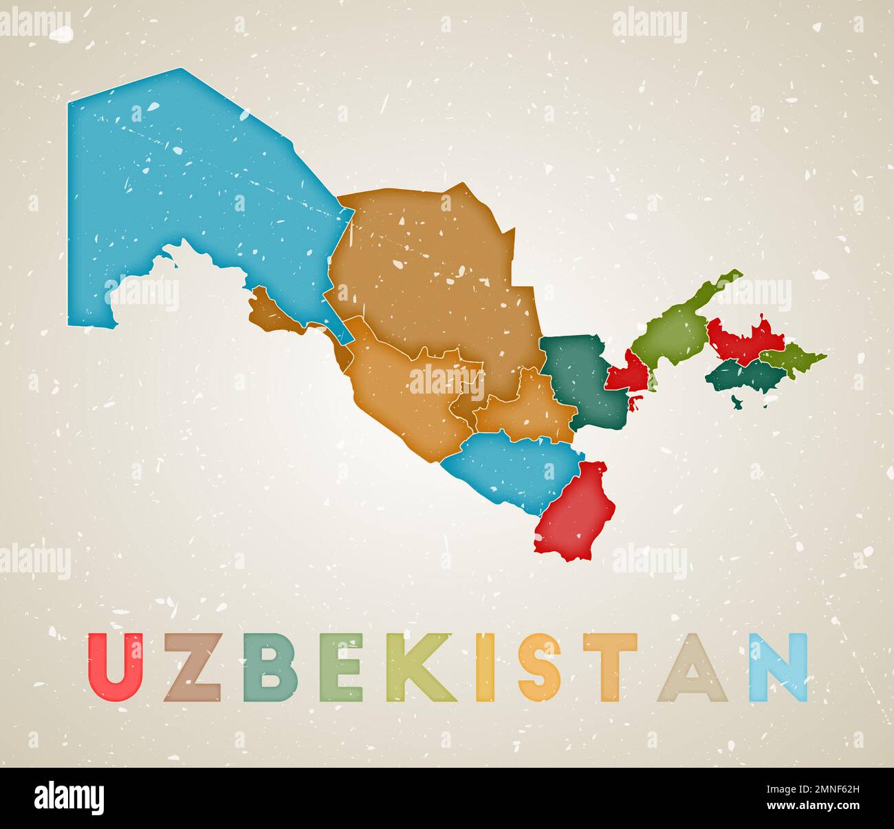 Uzbekistan map. Country poster with colored regions. Old grunge texture ...