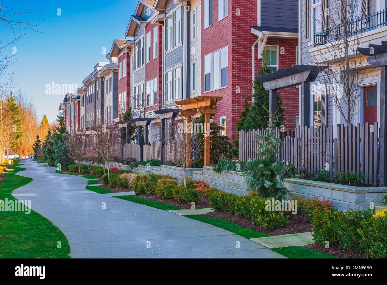 Modern residential houses neighborhood street with green plants in a ...