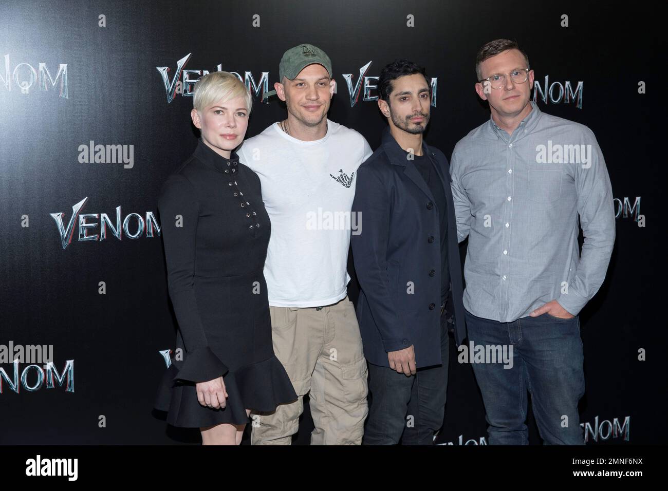 Michelle Williams, left, Tom Hardy, Riz Ahmed and Ruben Fleischer attend CinemaCon at The ...