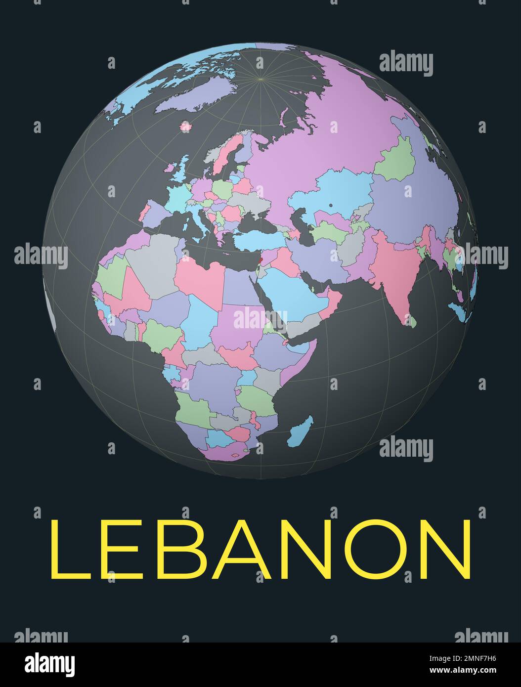 World map centered on Lebanon. Red country highlighted. Satellite world ...