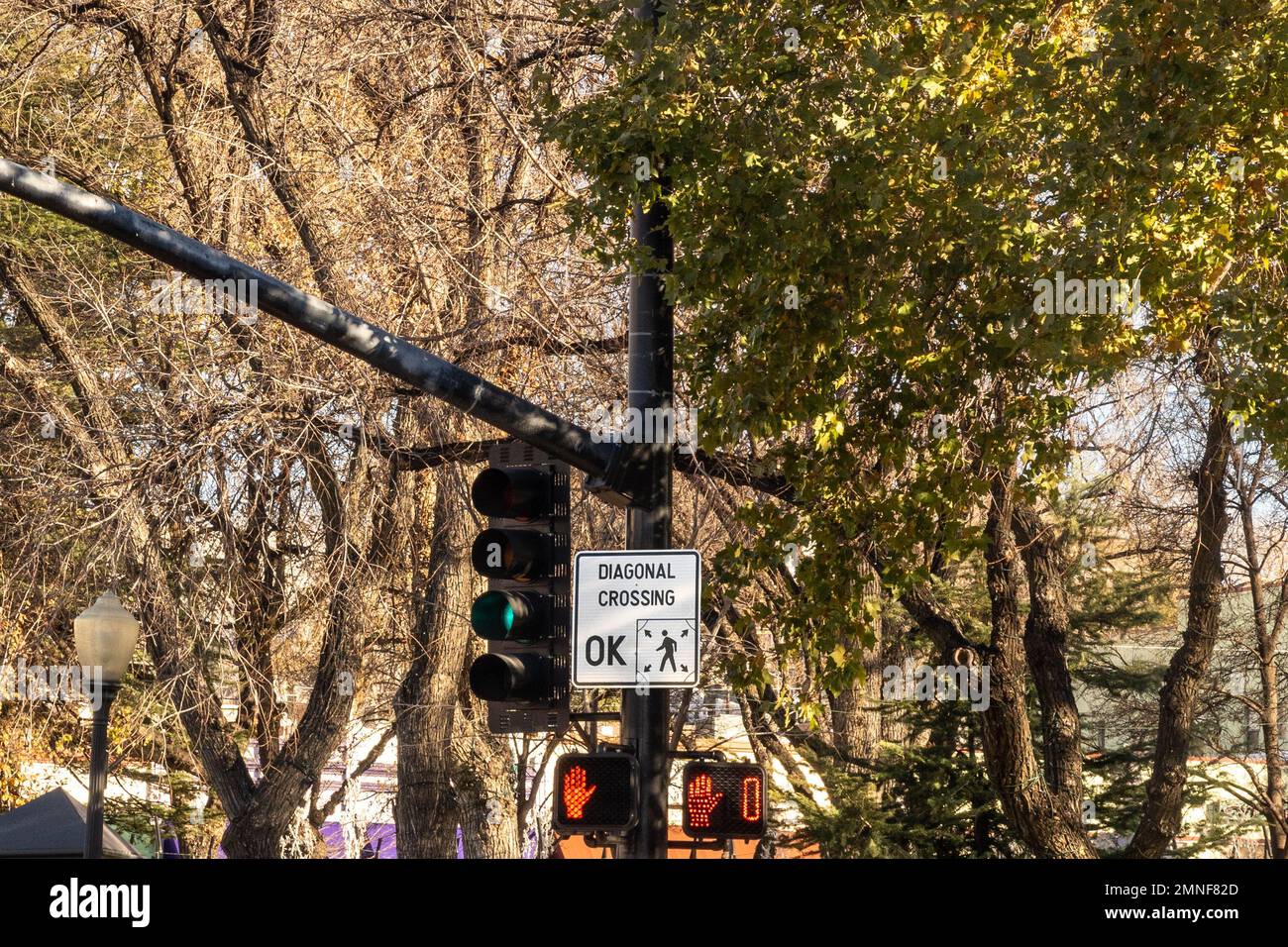 sign at a road intersection crosswalk allows diagonal pedestrian ...