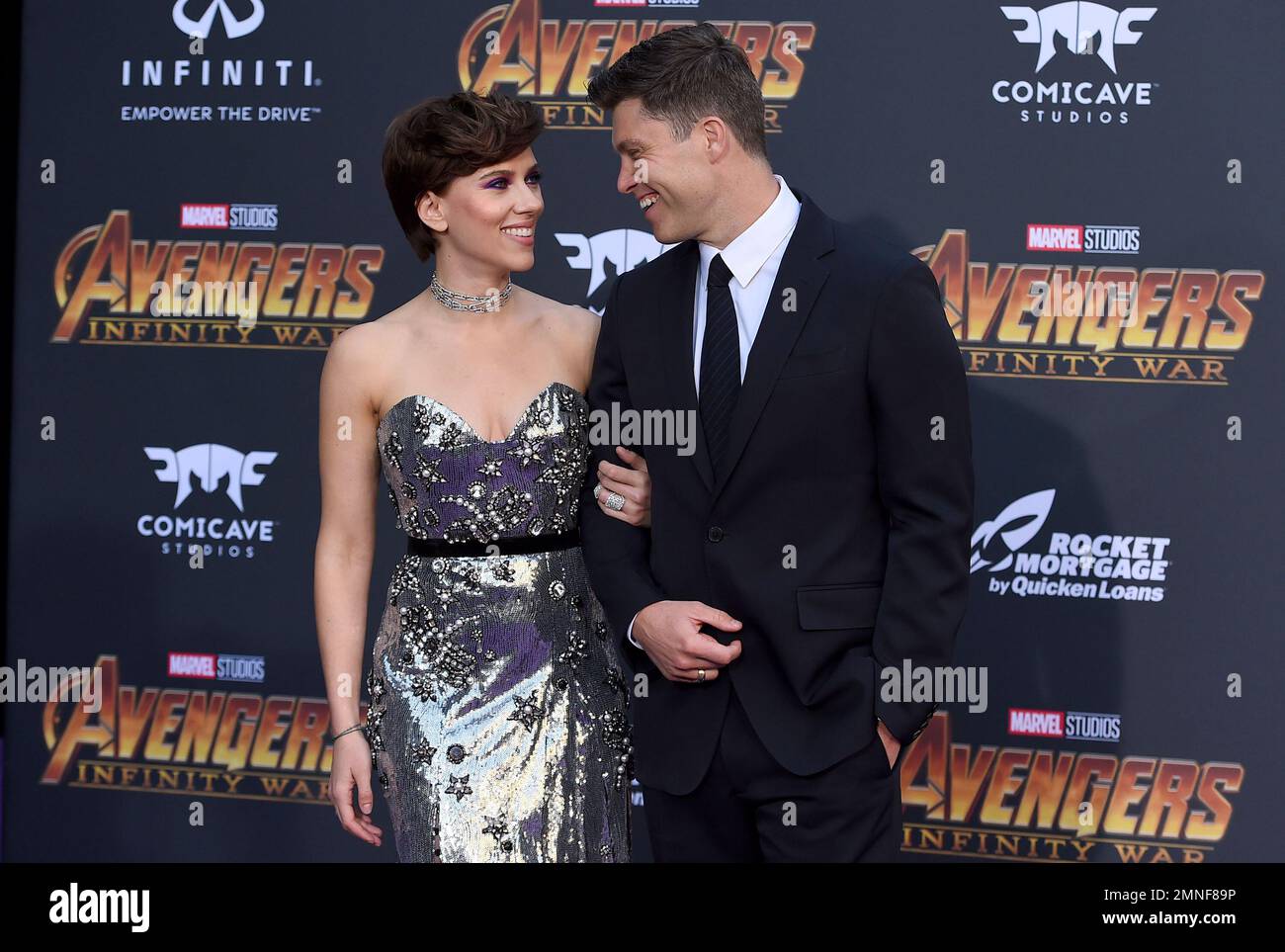 Scarlett Johansson, left, and Colin Jost arrive at the world premiere ...