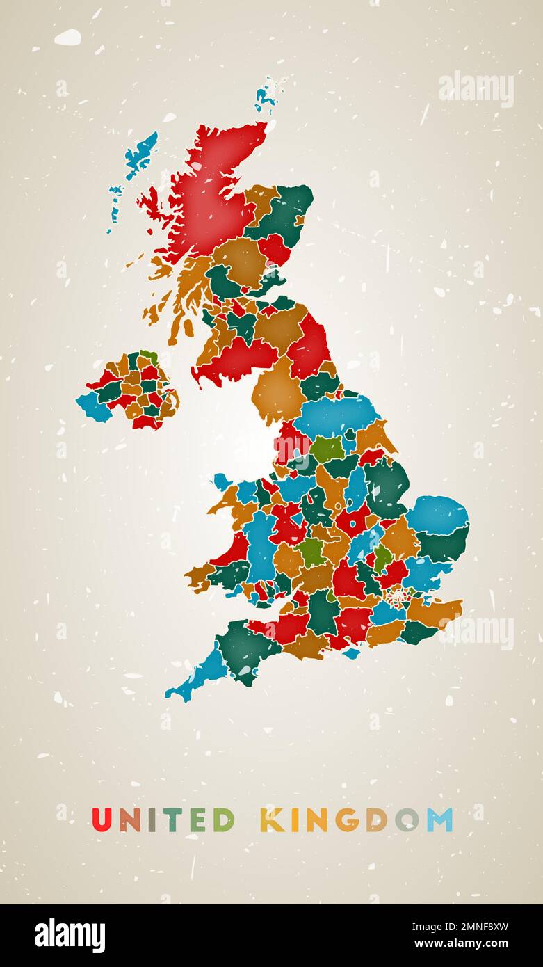 United Kingdom map. Country poster with colored regions. Old grunge ...