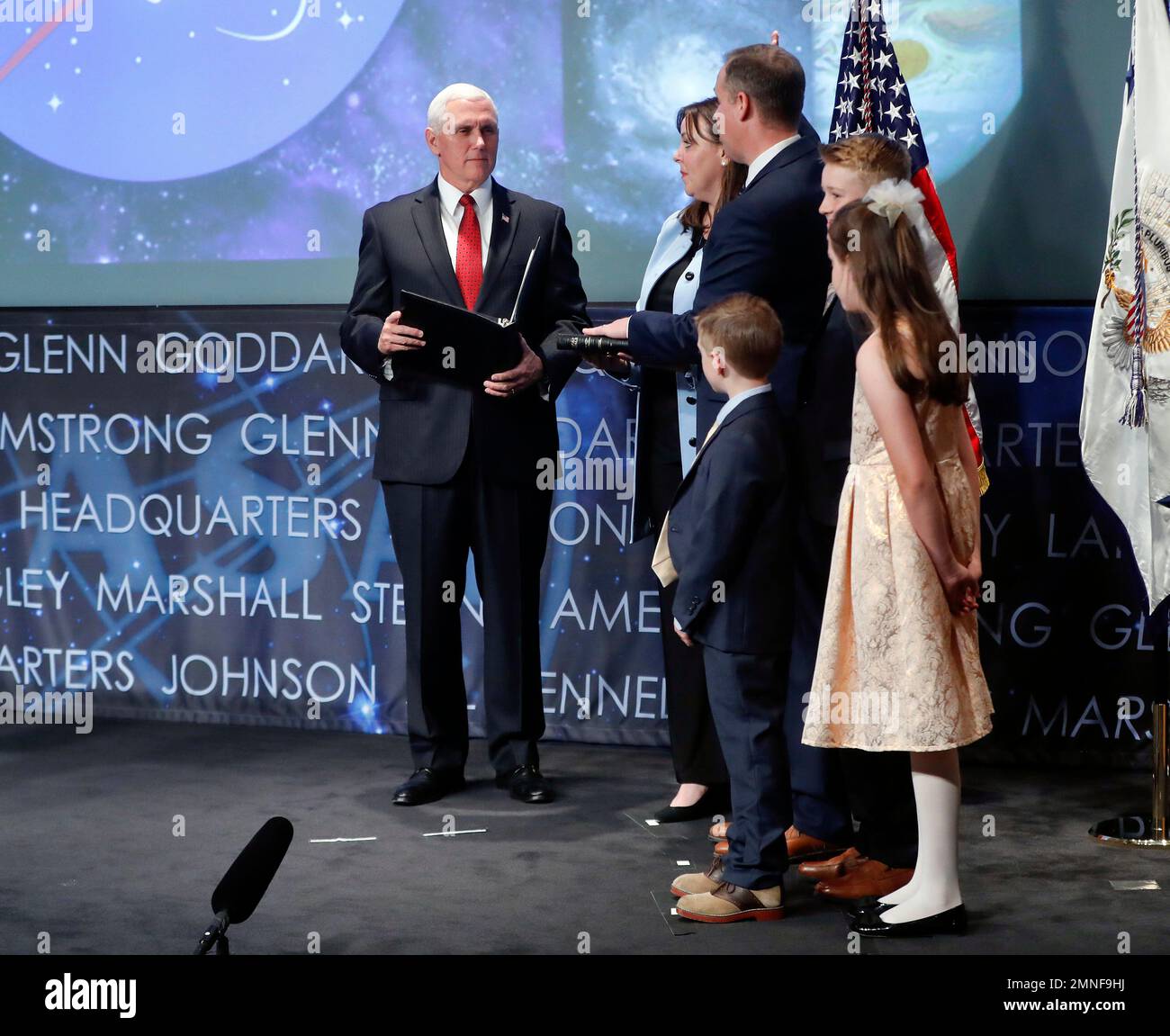 Vice President Mike Pence, left, swears-in new NASA administrator Jim ...