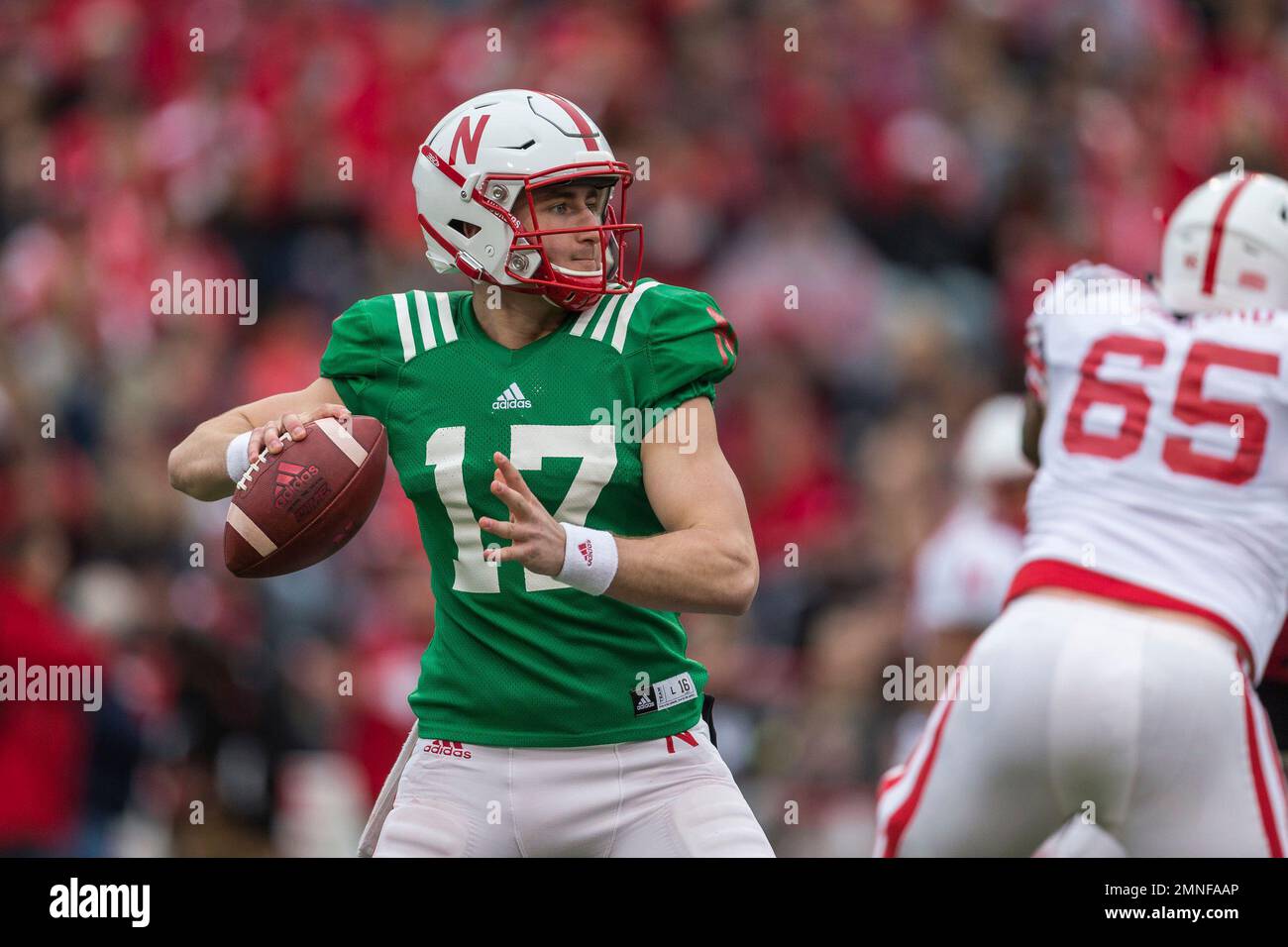 Nebraska white team quarterback Andrew Bunch (17) drops back to pass ...