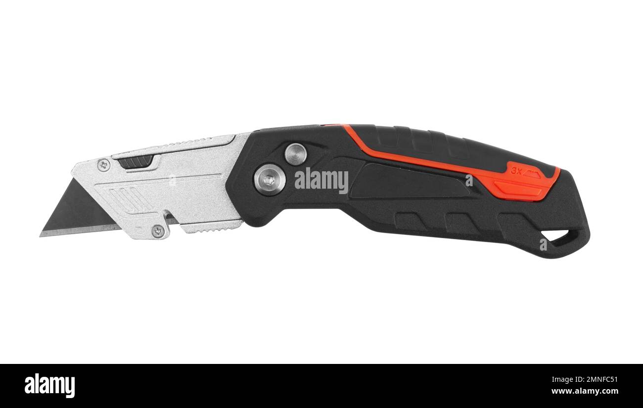 Black utility knife isolated on a white background Stock Photo - Alamy