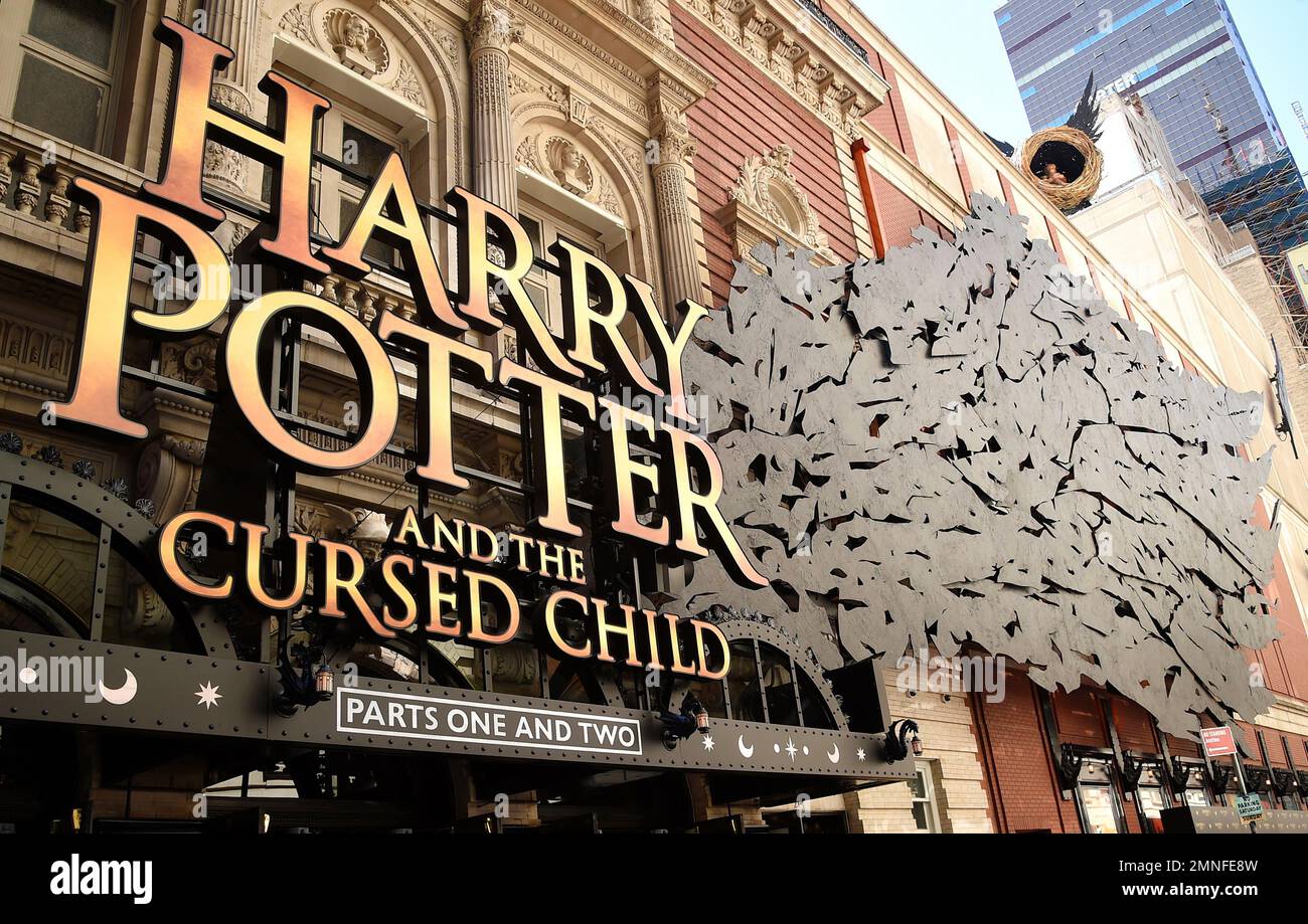 A sign for "Harry Potter and the Cursed Child" hangs at the Broadway ...