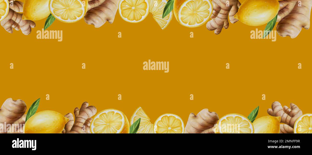 Watercolor frame with ginger and lemon. Includes ginger root and leafs ...