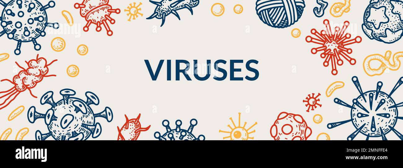 Virus horizontal banner. Scientific vector illustration in sketch style ...