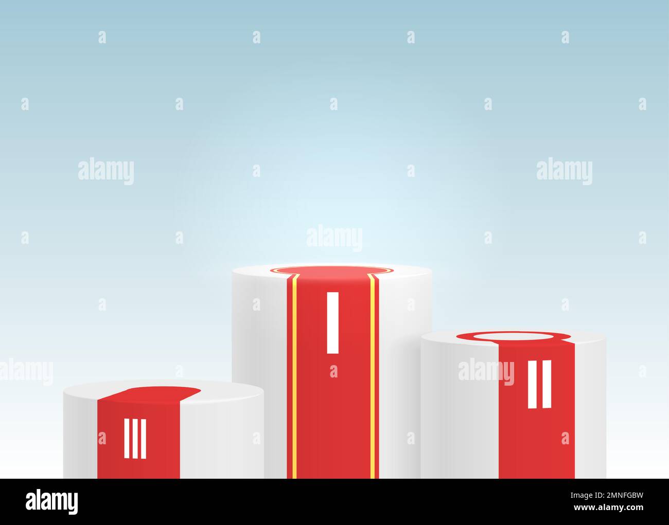 Winner podium. White cylinder podium with three rank places and red ...