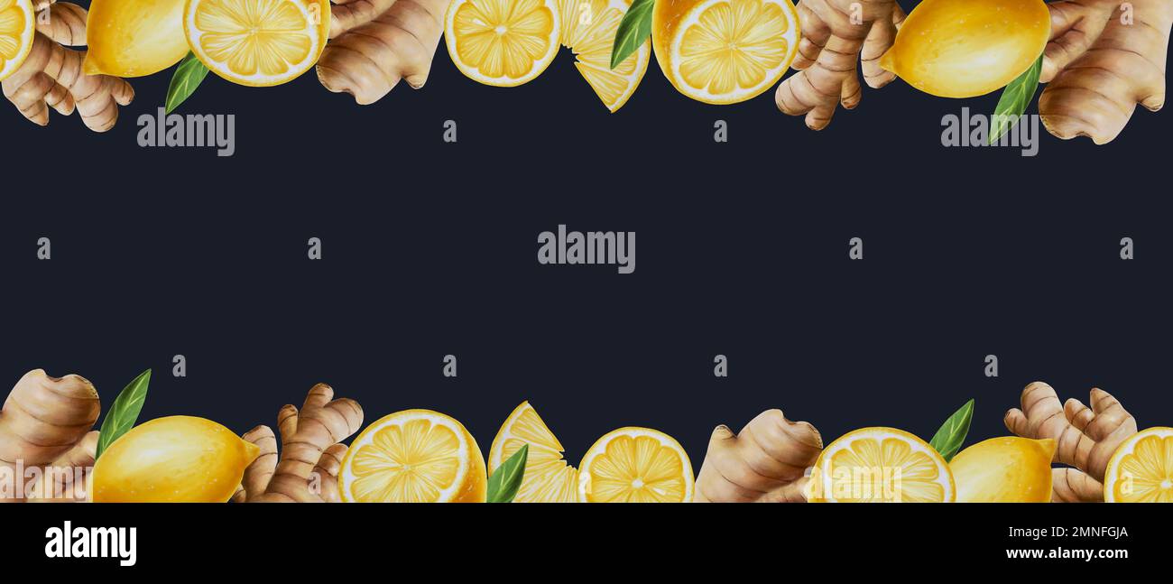 Watercolor frame with ginger and lemon. Includes ginger root and leafs ...