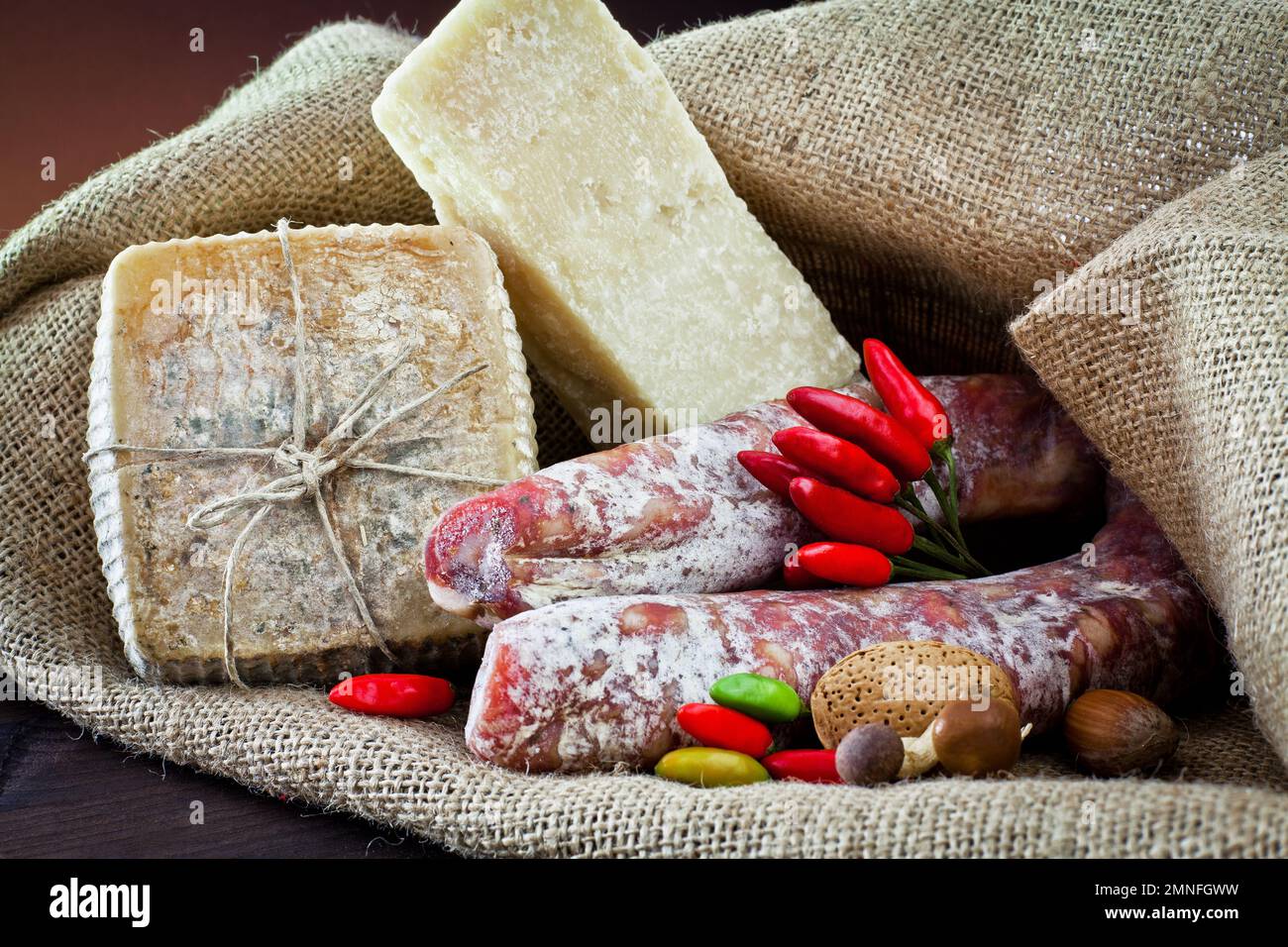 Typical Italian appetizer. Assortment of cheese, salami meats and hot ...