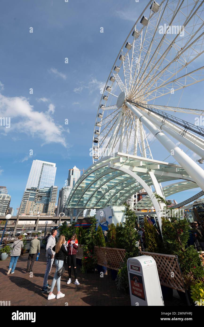 Waterfront with The Seattle Great Wheel, skyscrapers behind, Pier 57 ...