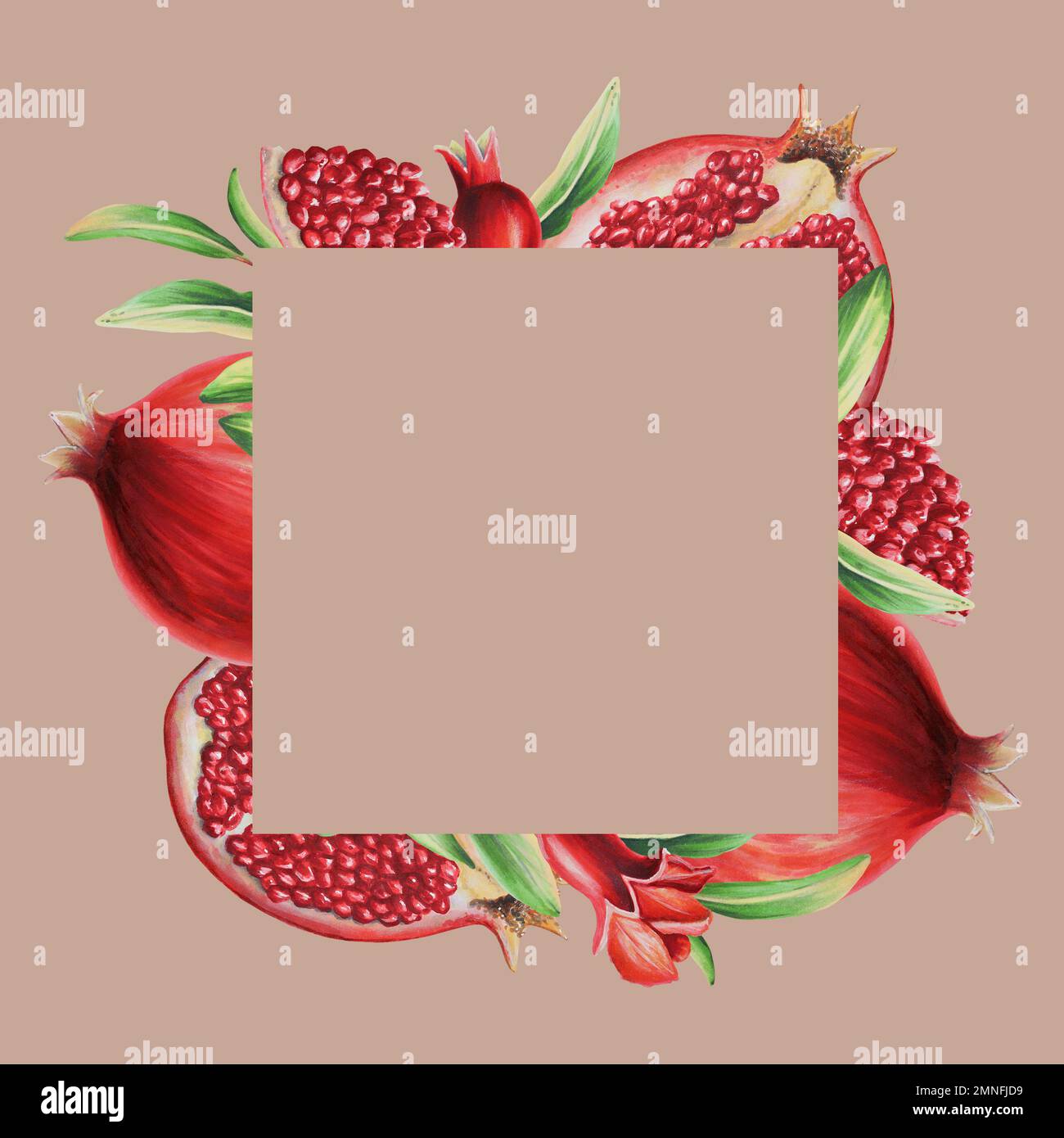 Watercolor pomegranate frame on a branch. Ripe slice, flowers and seeds ...