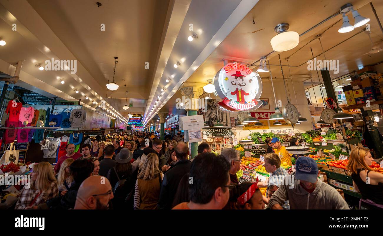 People in a market hall, stall selling vegetables, Public Market ...