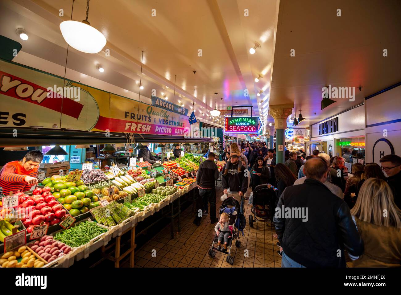 People in a market hall, stall selling vegetables, Public Market ...