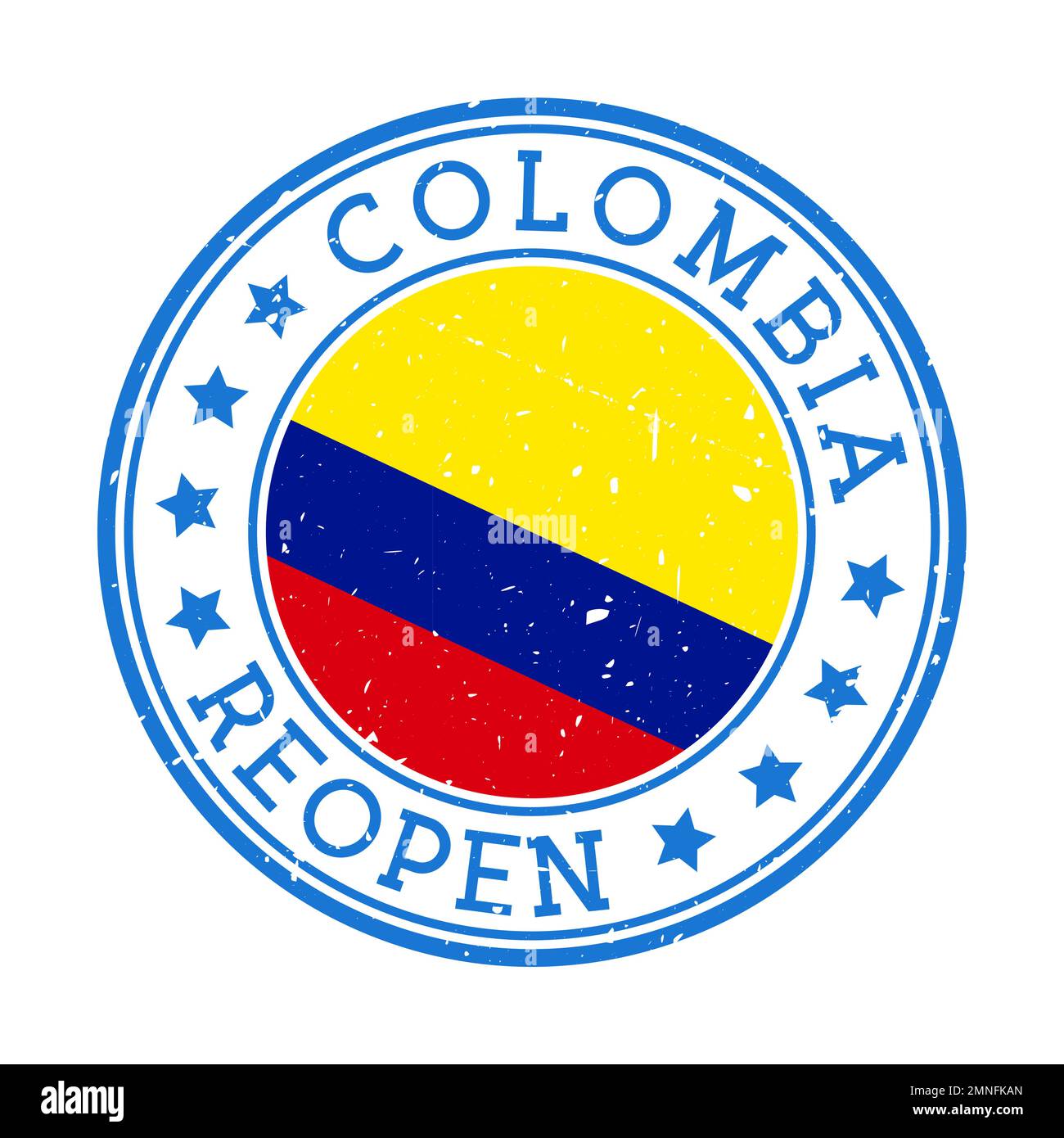 Colombia Reopening Stamp. Round badge of country with flag of Colombia ...