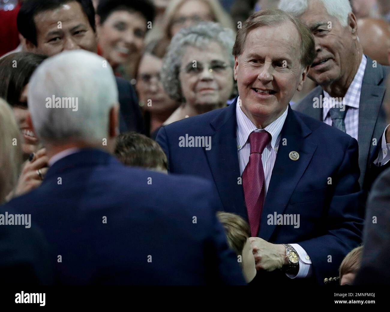 Rep. Robert Pittenger (R-NC), right, smiles at Vice President Mike ...