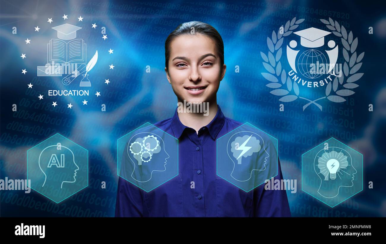 Portrait of girl high school student, against digital glowing ...