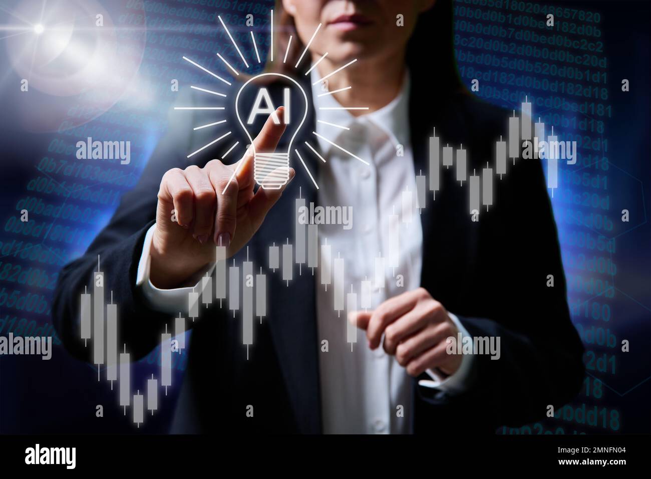 Business woman near virtual screen clicking on artificial intelligence ...