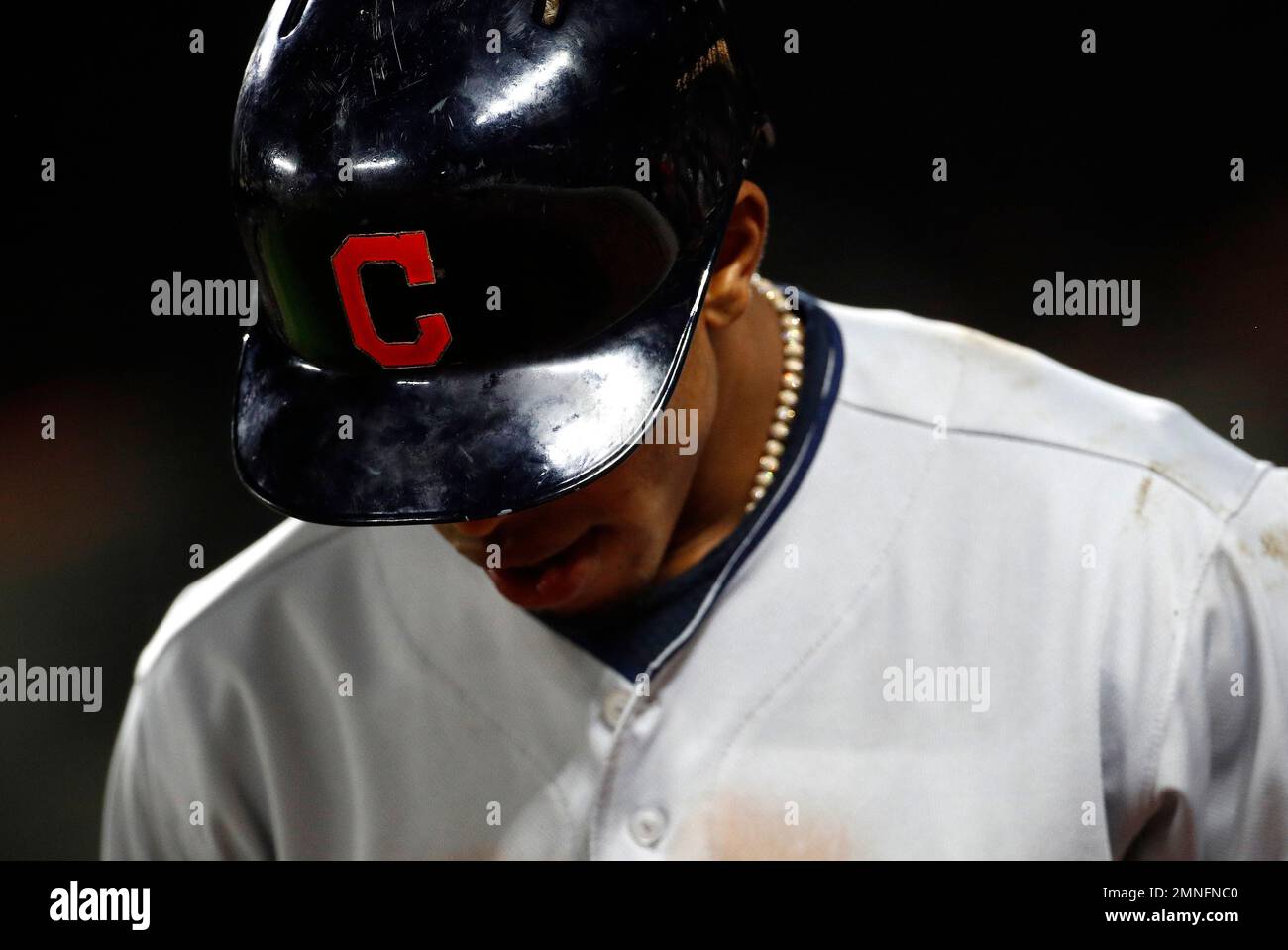 The Cleveland Indians "Block C" logo is seen on Francisco Lindor's ...
