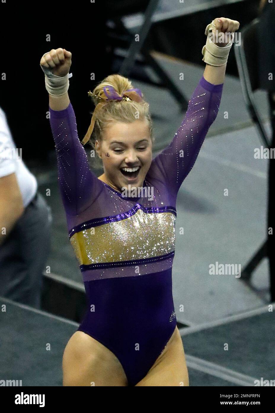 LSU's Sarah Edwards celebrates after competing on the vault during the ...
