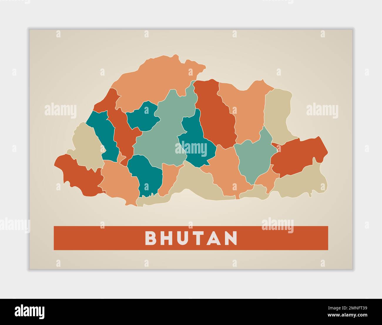 Bhutan poster. Map of the country with colorful regions. Shape of ...