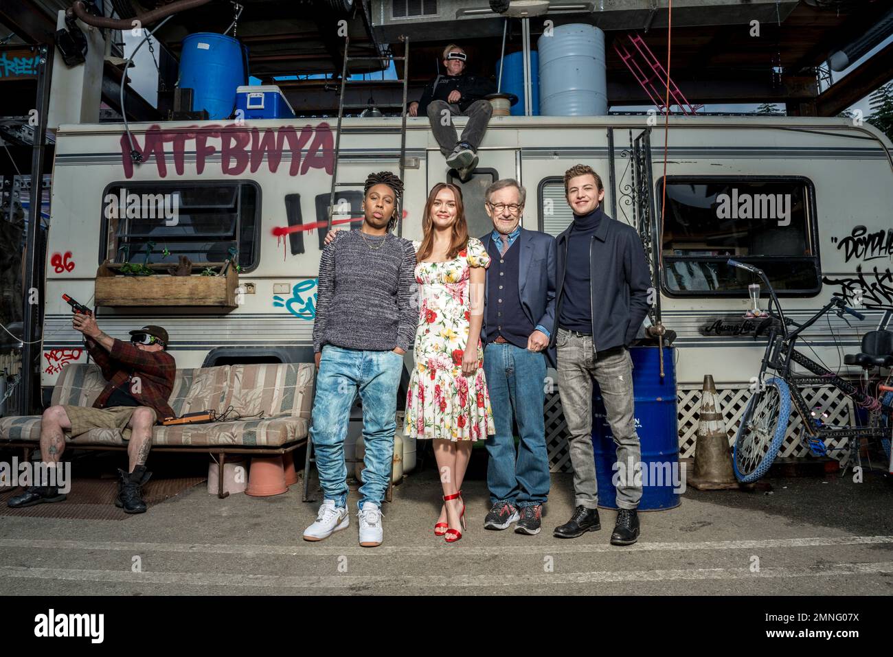 Tye Sheridan, from right, Steven Spielberg, Oliva Cooke, and Lena ...
