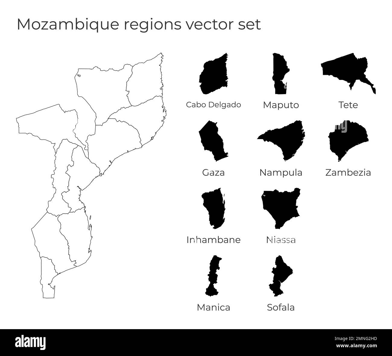 Mozambique map with shapes of regions. Blank vector map of the country with regions. Borders of ...