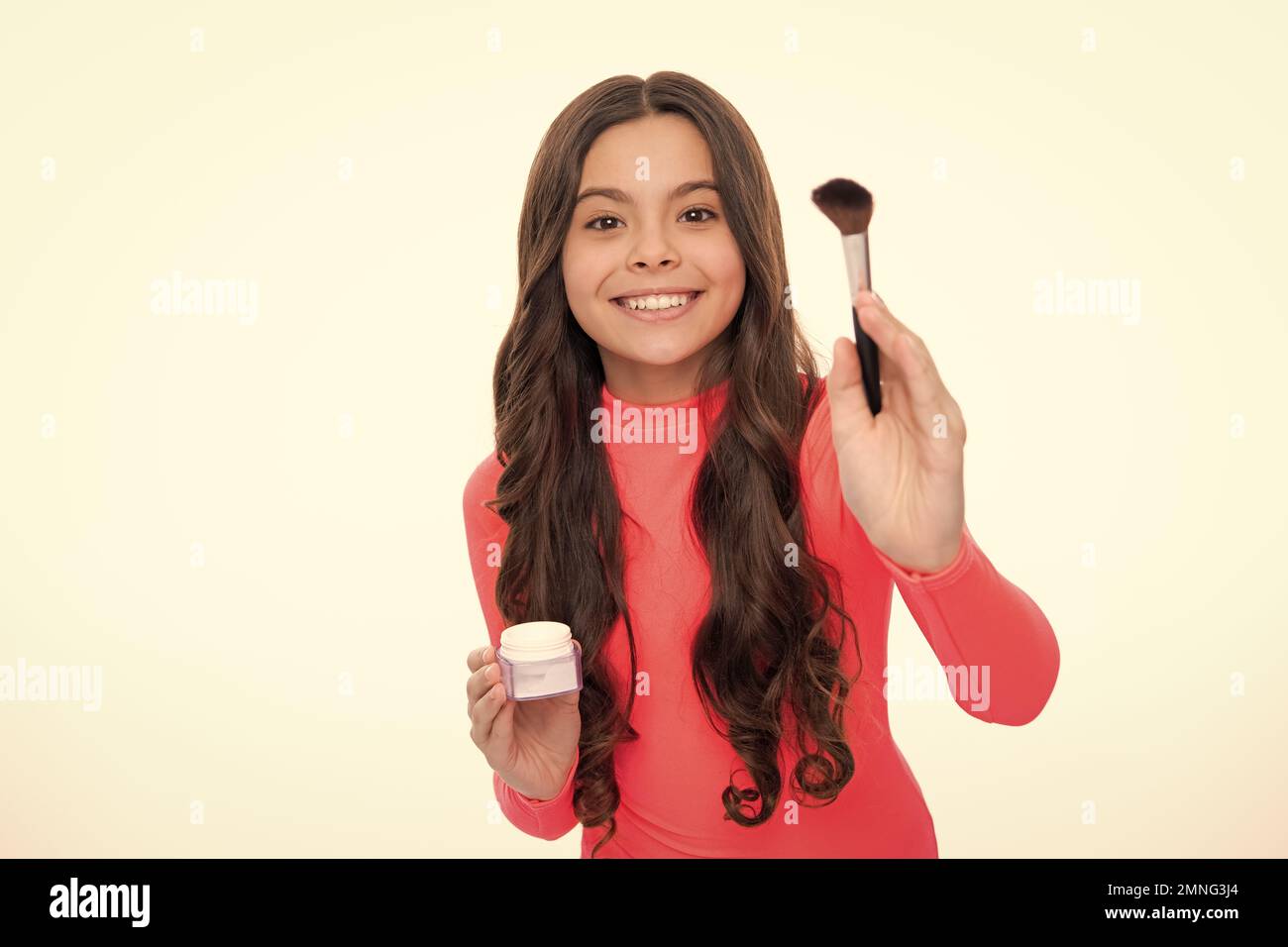 Beautiful portrait of teen girl child artist apply powder with make up ...