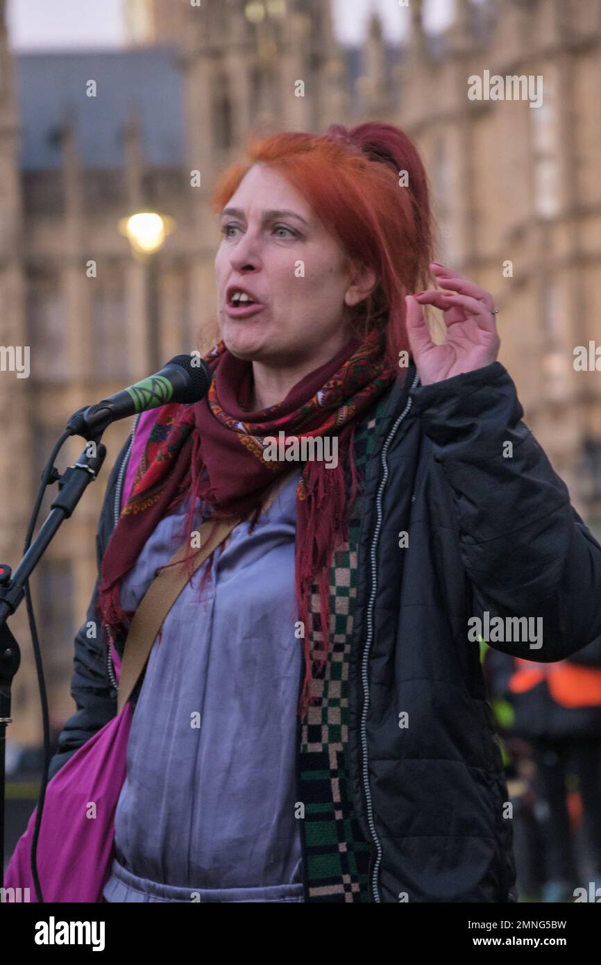 London, UK. 30 Jan 2023. Emily Apple of Netpol People protest noisily ...