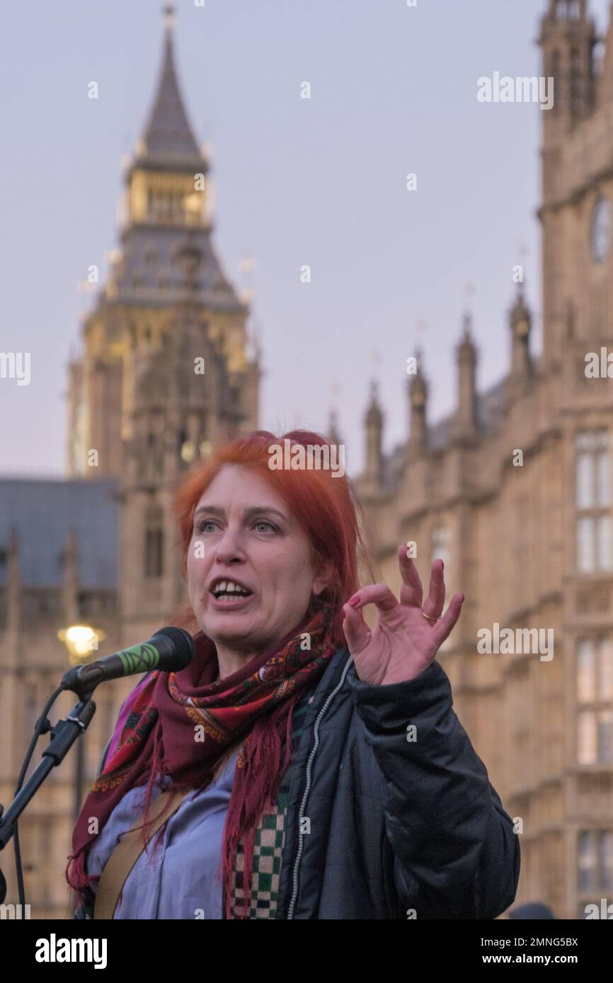 London, UK. 30 Jan 2023. Emily Apple of Netpol. People protest noisily ...