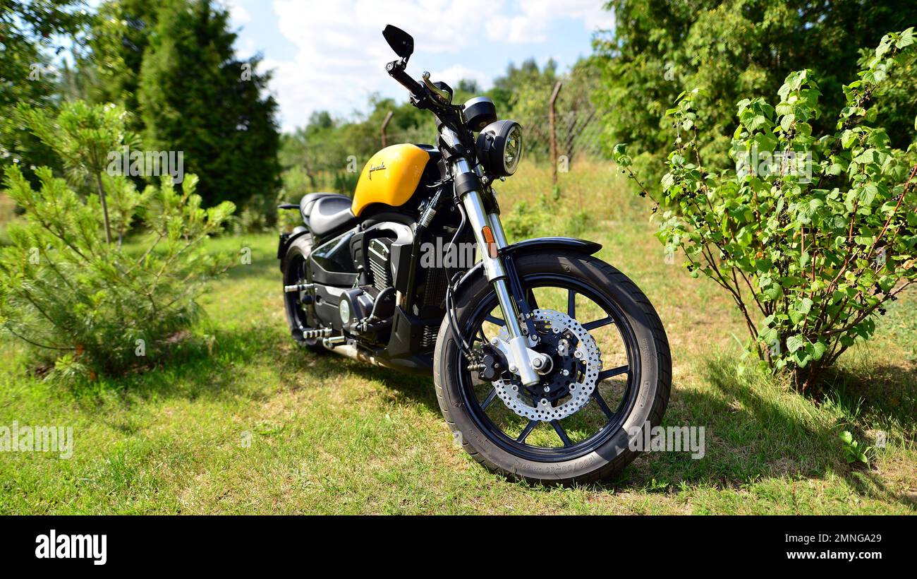 Warsaw, Poland. 19 July 2022. The Junak M15 motorcycle is a combination ...