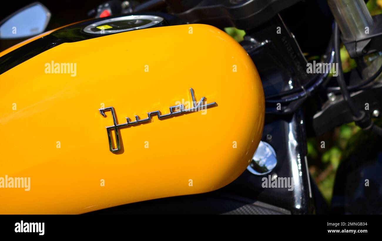 Warsaw, Poland. 19 July 2022. The Junak M15 motorcycle is a combination ...