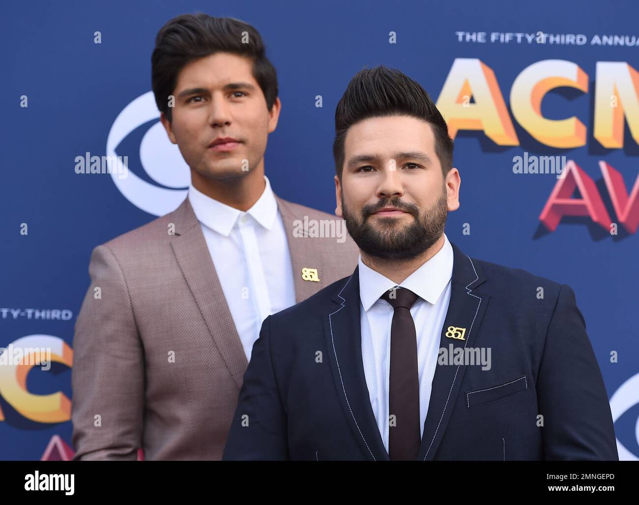 Dan Smyers, left, and Shay Mooney, of Dan + Shay, arrive at the 53rd ...