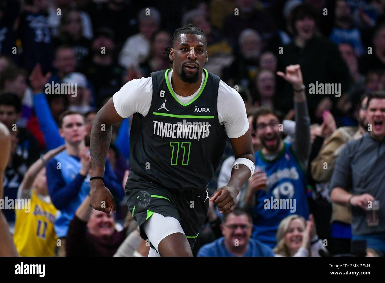 Minnesota Timberwolves center Naz Reid heads down court during their ...